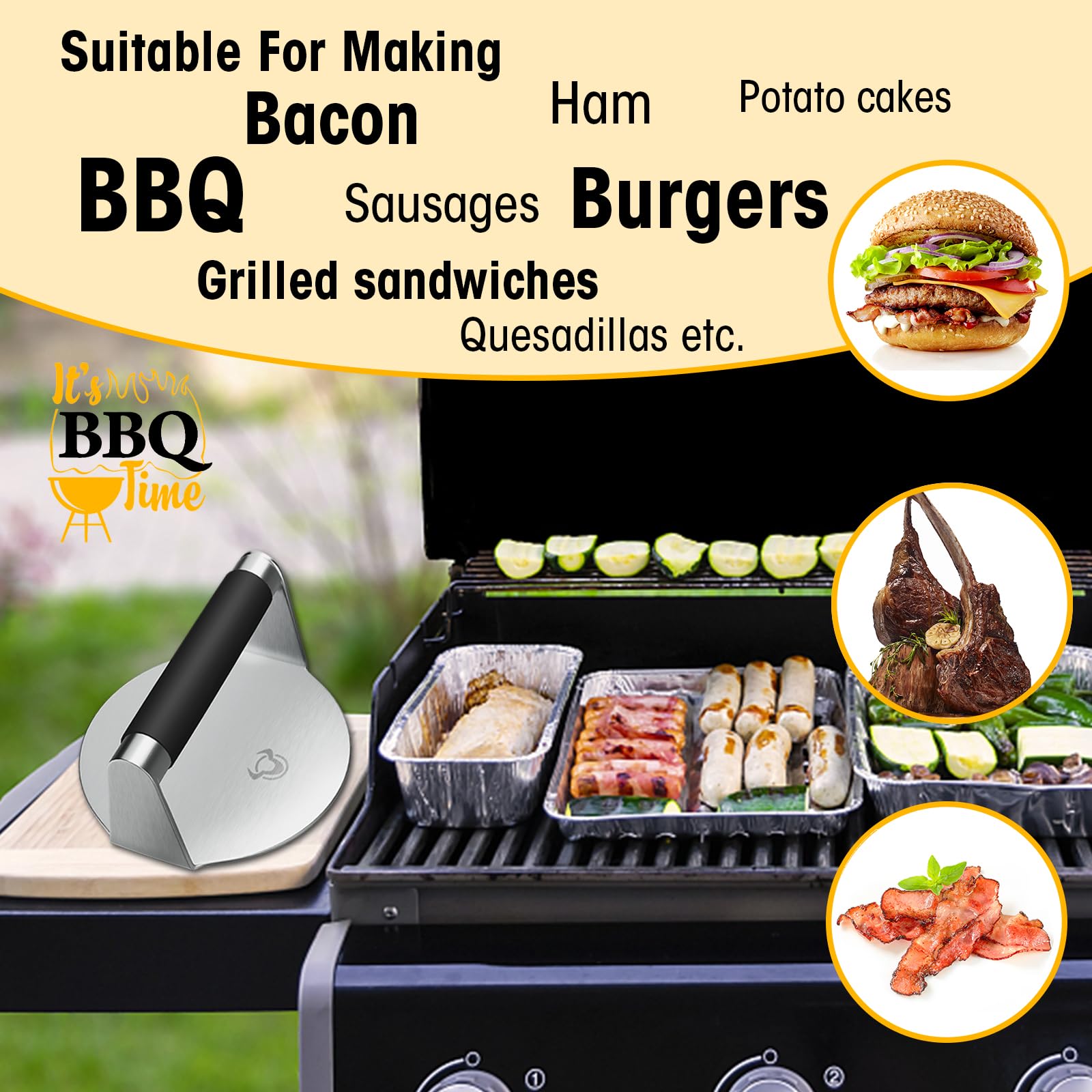 PMYEK Smash Burger Press with Anti-Scald Handle, 5.5 Inch Hamburger Smasher Tool, Meat Bacon Grill Tortilla Press, Patty Maker, Professional Griddle Accessories, Grill Press- Cooking Essentials