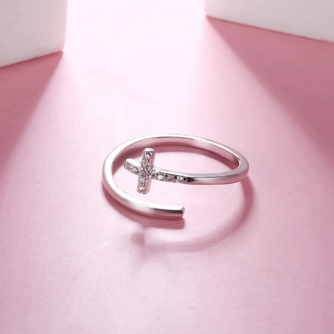 MUSECLOUD 925 Sterling Silver Cross Ring for Women Dainty Open Christian Ring Birthday Christmas Religious Jewelry Gift Simple CZ Cross Adjustable Ring