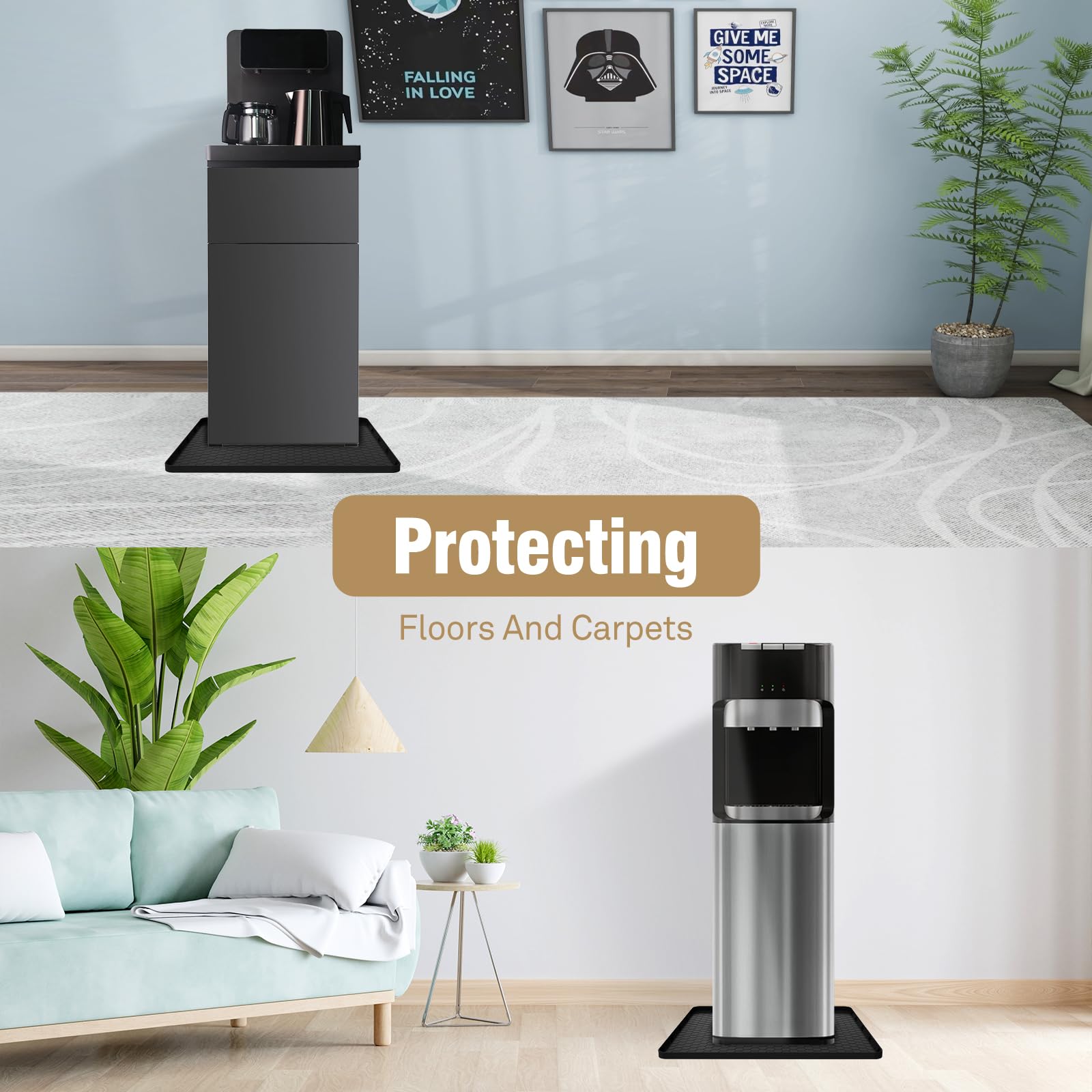 Water Cooler Mat - (22" x 19") Non-Slip Water Cooler Mat with Raised Edge for Foor Protector, Under Water Dispenser Mat Used for Bedrooms, Kitchens,Offices, Bars (Black)