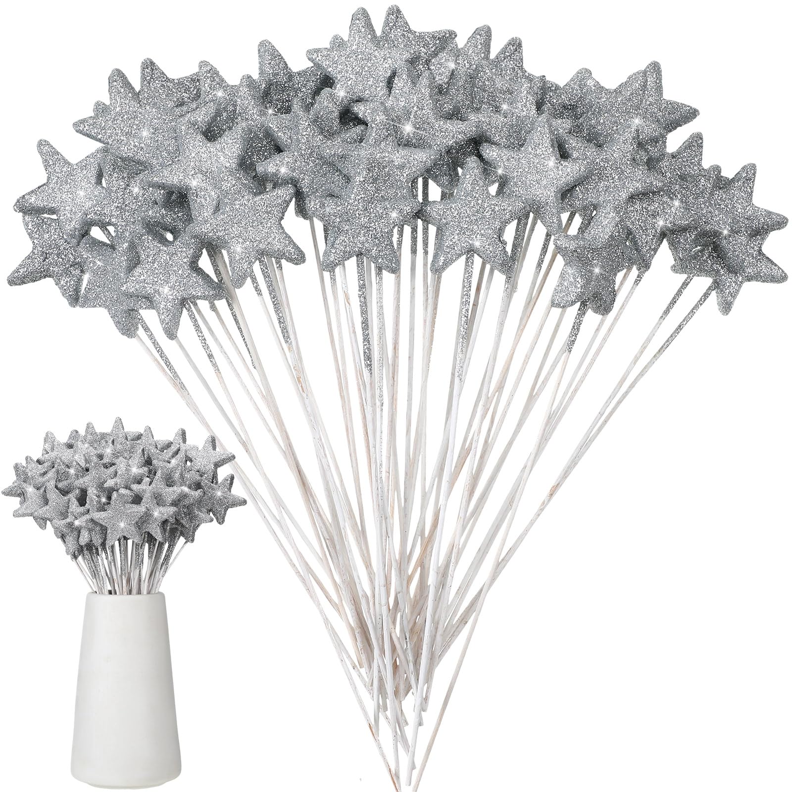Suzile 60 Pcs Star Floral Picks Silver Glitter Star Pick 7.9'' Star Centerpiece Twinkle Star Stem Puffy Foam Stars Stick Decor Wedding Bridal Baby Shower Birthday Christmas Party