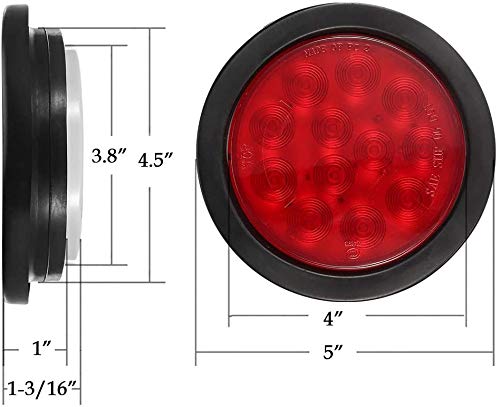 Partsam 8Pcs 4" Round Red LED Trailer Tail Light, 4 Inch Round Led Stop Turn Tail Lights Brake Brake Trailer Lights for RV Trucks, Rubber Grommets and 3-Prong Wire Pigtails Included
