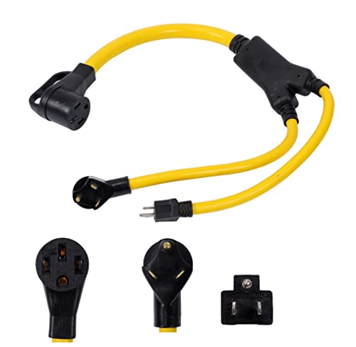 ONETAK NEMA 5-15P TT-30P 120V 3 Prong Plug Male to 14-50R 120/240V 45 Amp 4 Prong Female Receptacle Y Combiner STW 3 Feet Generator Welder Dryer Power Cord Adapter
