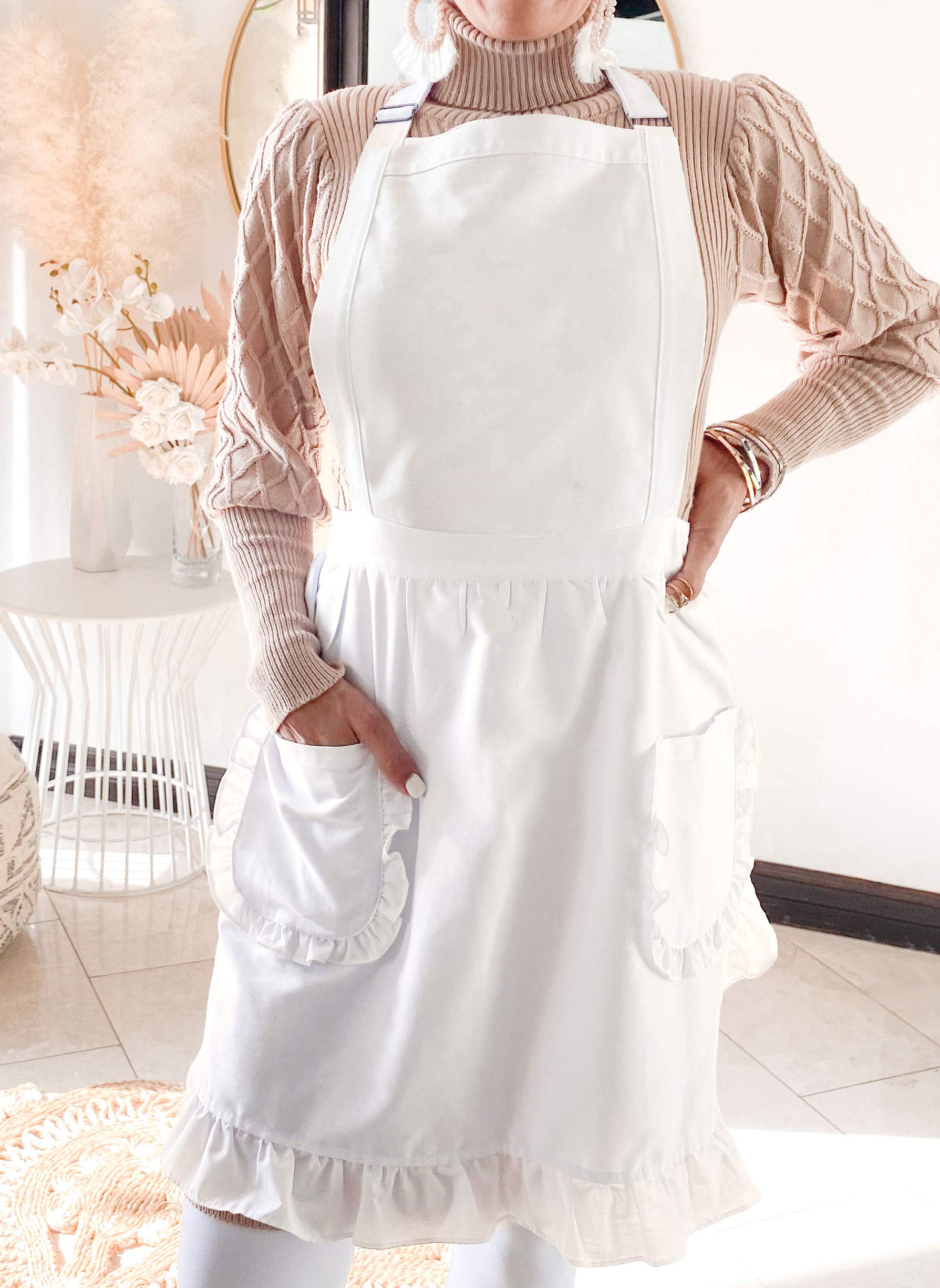 ModParty Apron for Women Ruffle Trim with Pockets Adjustable Straps Retro Kitchen Apron for Baking & Cooking (White)