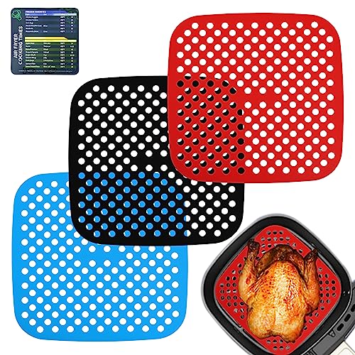 Reusable Air Fryer Silicone Liners Set, 8.5in Non Stick Perforated 5.8qt Air Fryer Accessories with Magnetic Cheat Sheet Deep Fryer Parts Replace Parchment Paper Easy Clean, 3 Pcs Square