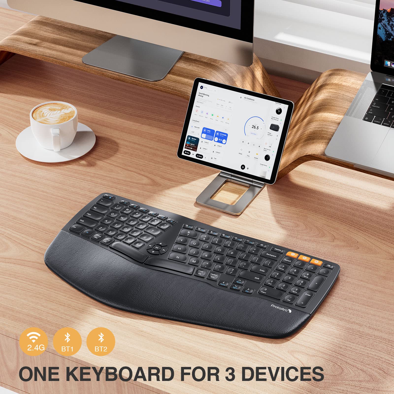 ProtoArc Wireless Ergonomic Keyboard, EK01-NL Ergo Split Keyboard with Wrist Rest, Natural Typing, Multi-Device, Bluetooth and USB Connectivity, Rechargeable, Windows/Mac/Android - Basic Version