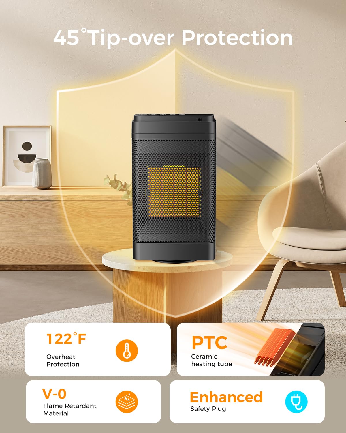 Space Heater Indoor with Thermostat, Max temperature 104°F, 1500W Portable Heaters for Indoor use with Remote, PTC Ceramic Electric Heater for Bedroom Office safety heater, 70°Oscillation, 12h Timer