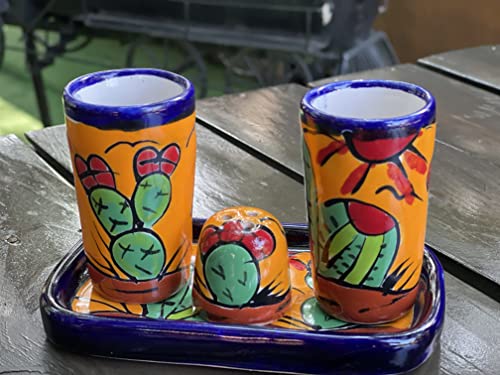 MEXTEQUIL - Authentic Mexican Talavera Tequila Shot Glasse with Tray and Salt Shaker - 2 Shots, 4pieces - Giffable - Artisanal colorful hand-painted (Cactus)
