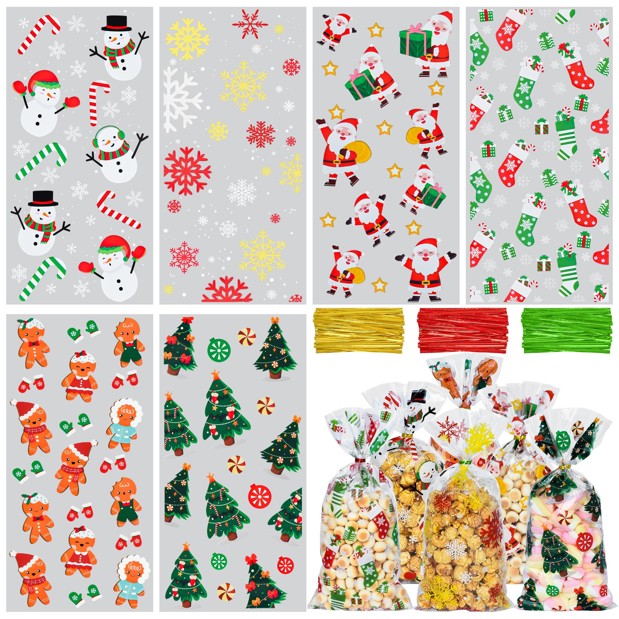 Twavang 120 Pcs Christmas Cellophane Treat Bags, Xmas Gift Bags Candy Goodies Bags with 140 Pcs Twists for Snacks Cookies Packing (10.6 x 5.1 inches)