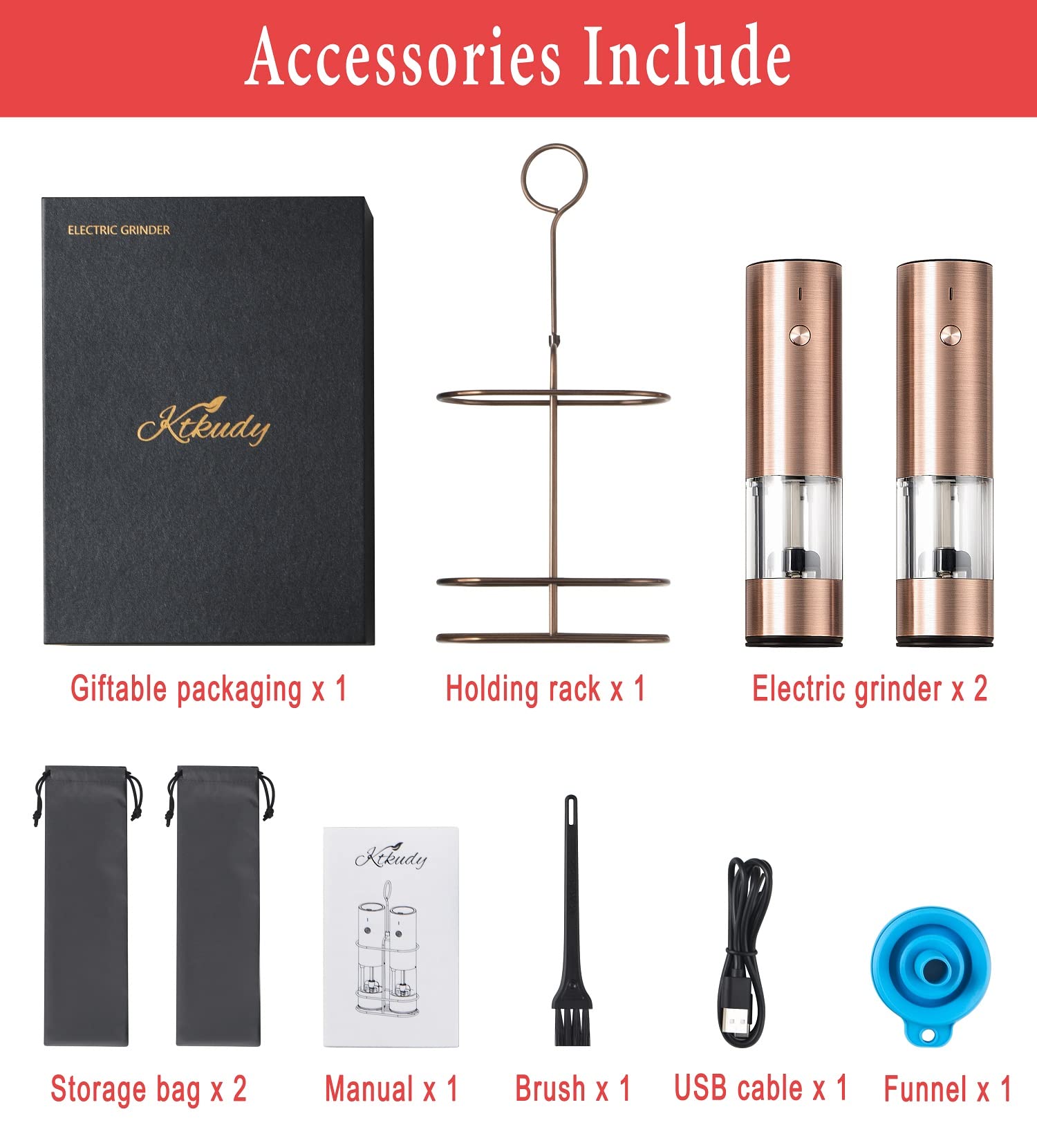 Rechargeable Electric Salt and Pepper Grinder Set with Stand - Nicely Packaged Giftable - No Battery Needed - Automatic Pepper Mill & Adjustable Coarseness & LED Light Refillable - Copper Color