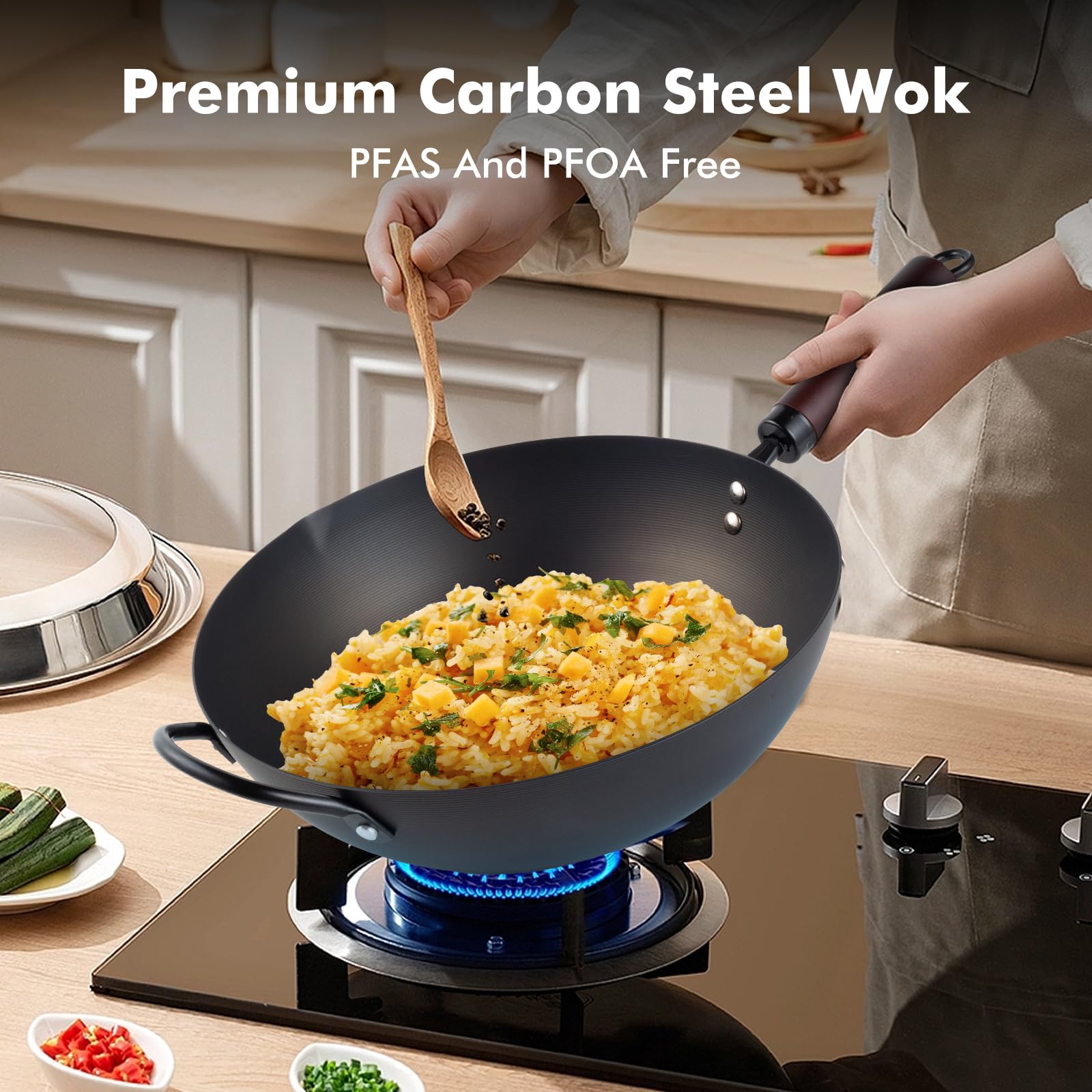 Vegoran Carbon Steel Wok Pan,12.5" Non-Stick Woks & Stir-Fry Pans with Glass Lid,No Chemical Coated Flat Bottom Iron Wok for Induction,Electric,Gas,Halogen,All Stoves-Practical Gift (12.5")