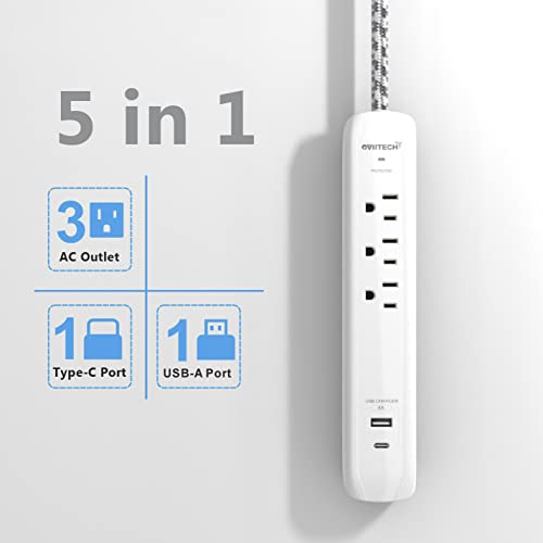 Oviitech USB C Power Strip, Power Strip with USB,3 Outlets and 2 USB Ports(1 USB C,1 USB A),with 6 Foot Heavy Duty Extension Power Cord,Straight Plug,for Home, Office, Travel and Dorm Room,White.