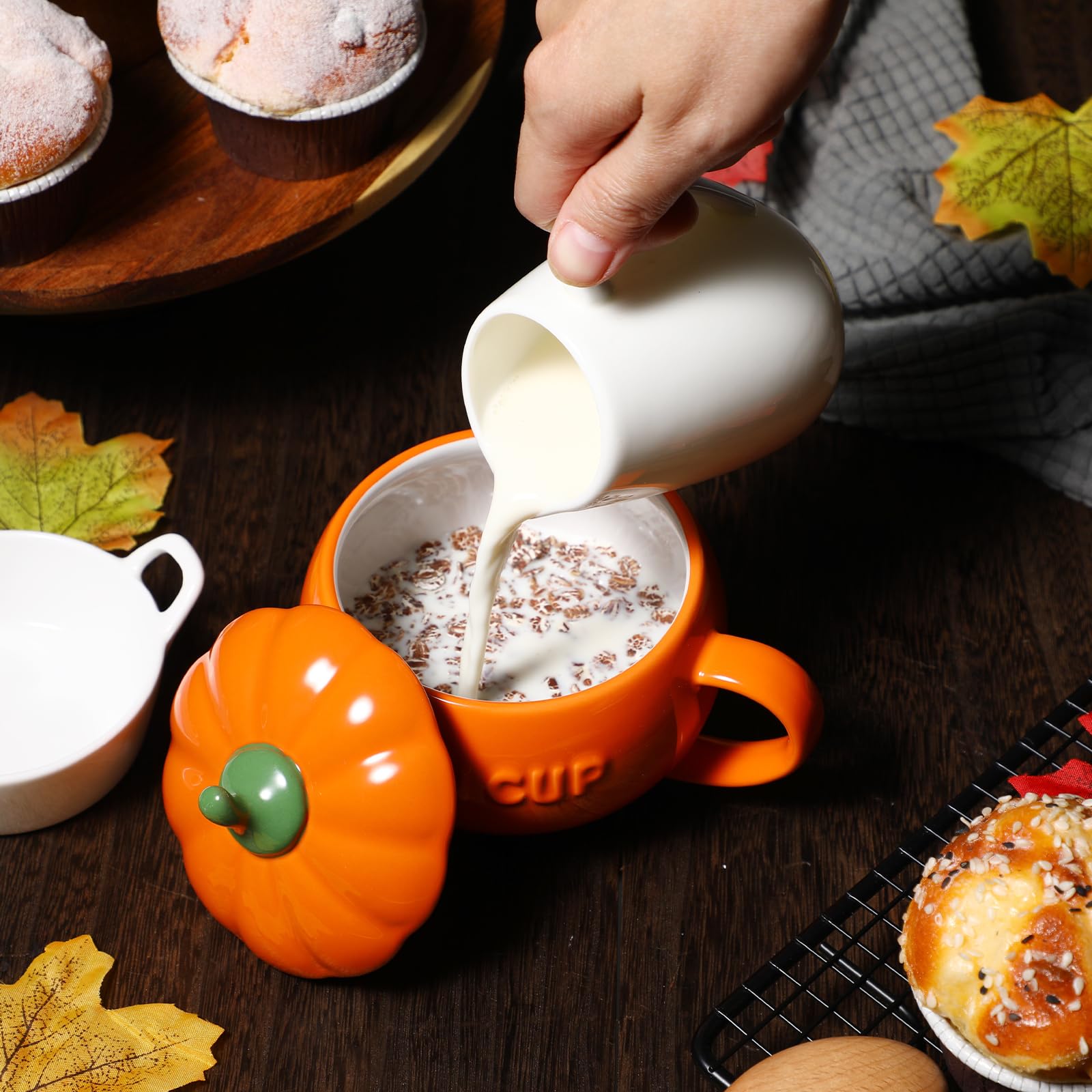 Luxshiny 2 Pcs Pumpkin Ceramic Soup Bowl Porcelain Pumpkin Shape Sugar Dessert Bowl with Lid Ceramic Dinnerware for Halloween