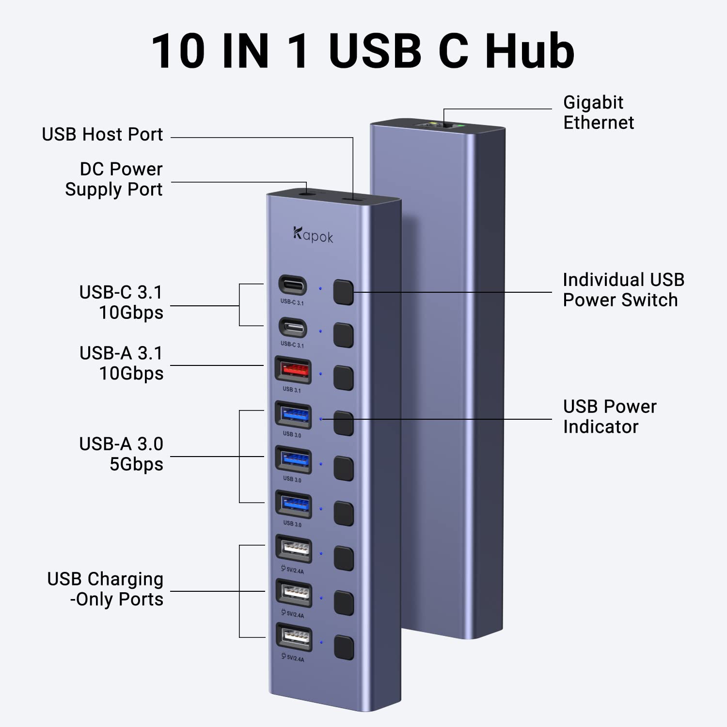 Powered USB C Hub/USB Hub 3.1, 10-Port 60W Aluminum USB Splitter with Ethernet Port, 2 USB C 3.1, 3 USB A Charging Ports, USB A 3.1, 3 USB A 3.0, Power Switches, 16inch Cable AC Adapter for Laptops,PC