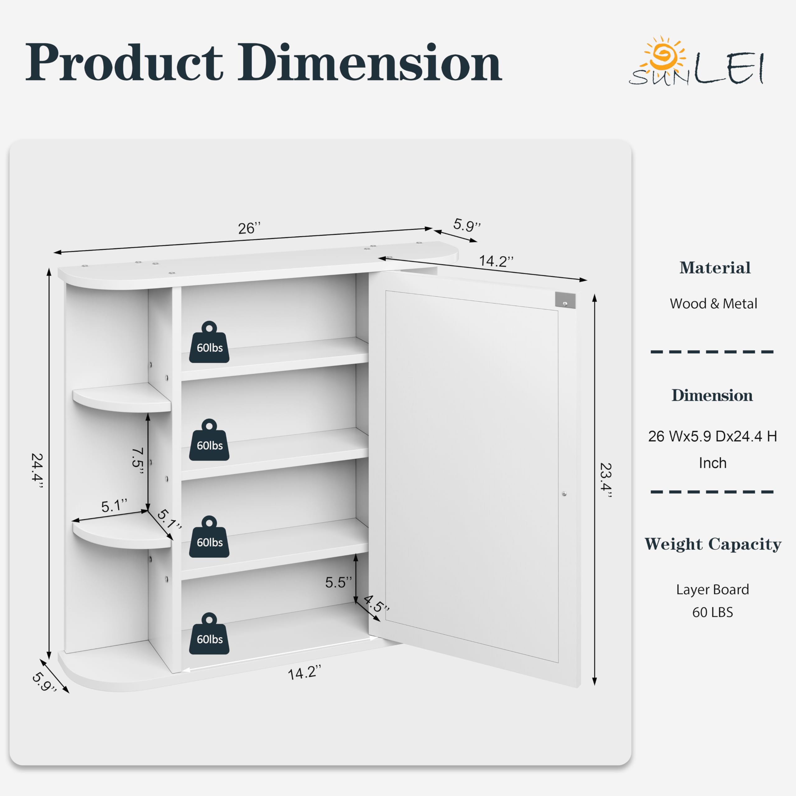SUNLEI Bathroom Cabinet Wall Mounted with Mirror Door, Over The Toilet Storage Cabinet with Doors and Shelves, Bathroom Medicine Cabinets with 6 Open Shelves for Bathroom Organizer or Laundry(White)