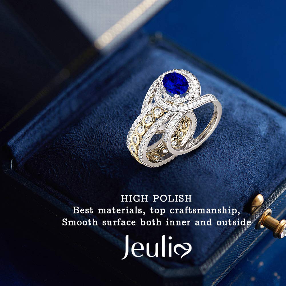 Jeulia Oval Solitaire Engagement Silver Ring: Sterling Bridal Ring Sets Sapphire Blue Cubic Zirconia Wedding Eternity Band with Jewelry Box (Blue, 7)