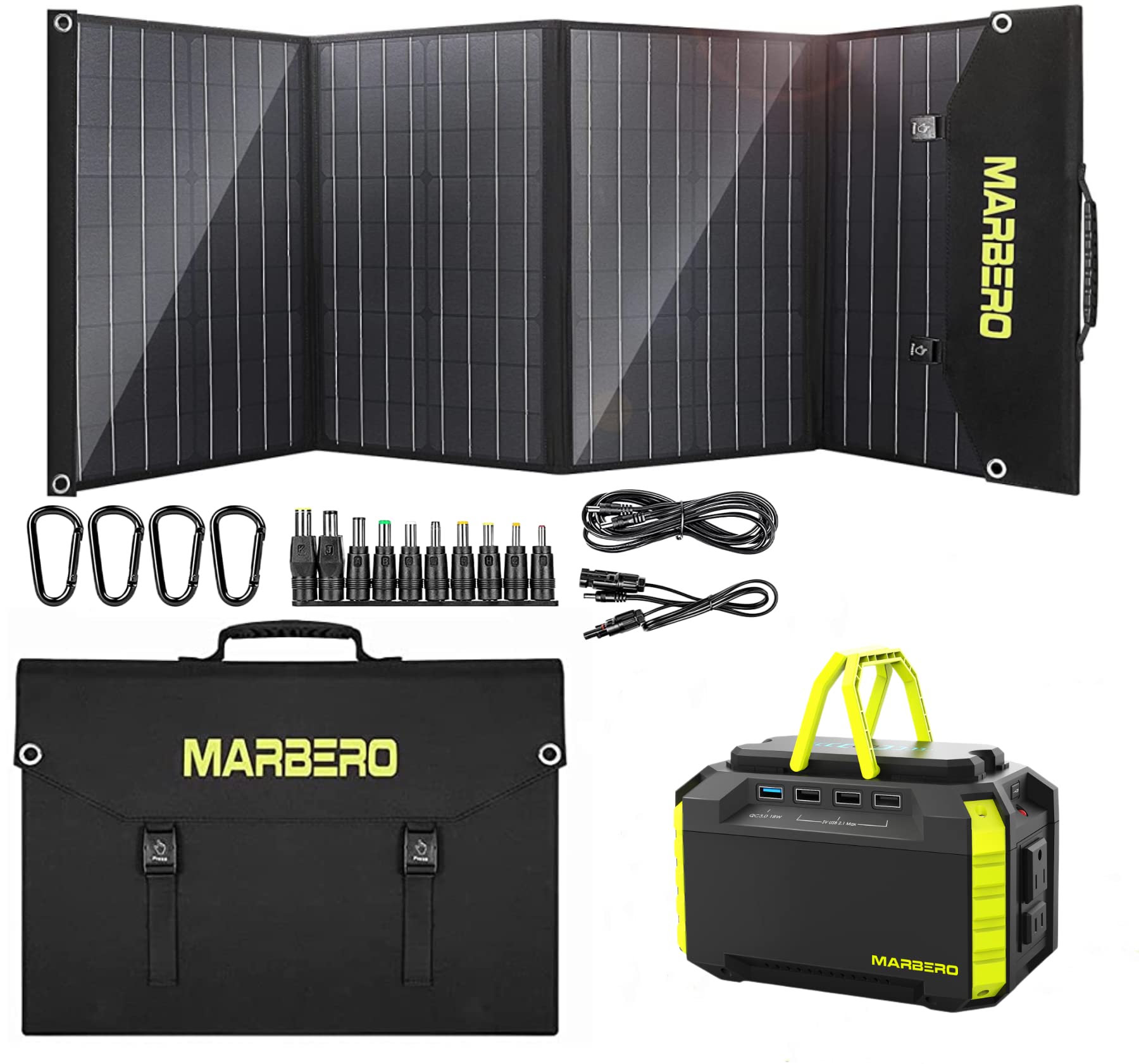 MARBERO Solar Generator 150W Peak Portable Power Station 150Wh with 100W Solar Panel Included with DC, AC, USB A, USB C, Flashlights for Camping, Home, Outdoor, Office, School, Emergency