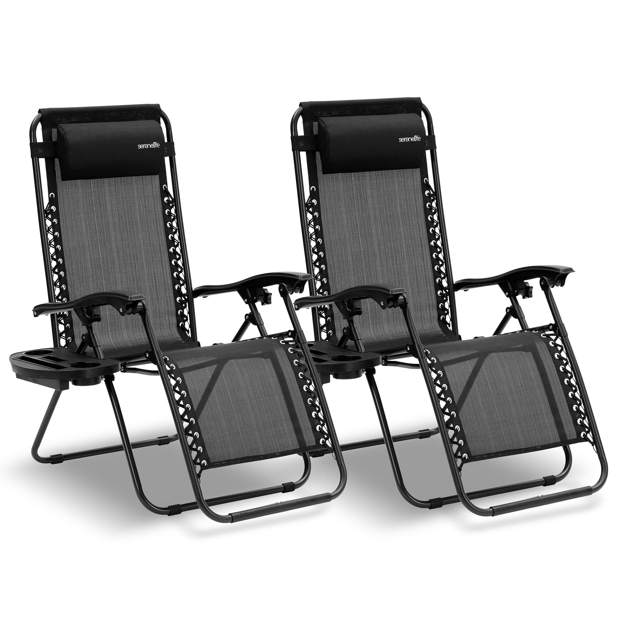 SereneLife Zero Gravity Chairs Set of 2 - Adjustable Steel Mesh Lawn Chairs - Outdoor Lounge Chairs with Detachable Cup Holder Tray - Foldable Outdoor Chair with Removable Pillows - Off Black