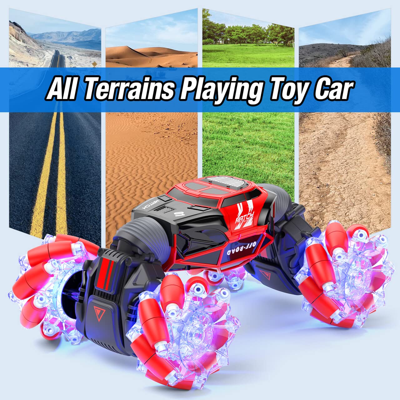 Powerextra LED Remote Control Car, 4WD 2.4GHz Gesture Sensing Rc Stunt Car, Double Sided 360°Rotating Transform Off Road Car with Light, Toy Cars for 6-12 Year Old Boys & Girls - Red
