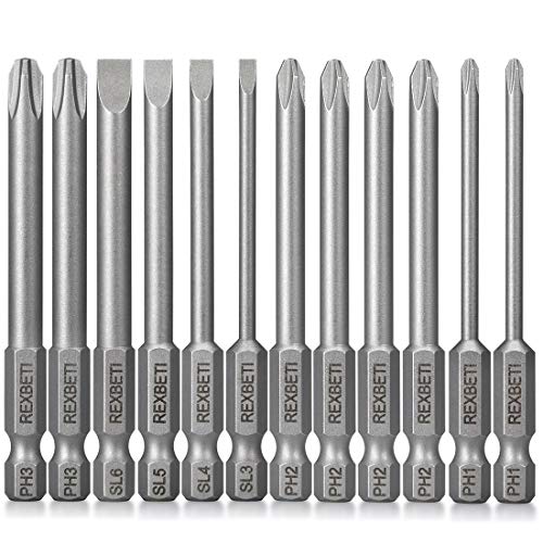 REXBETI 12 Piece Slotted Phillips Screwdriver Bit Set, 1/4 Inch Hex Shank S2 Steel Magnetic 3 Inch Long Drill Bits (Slotted Set)