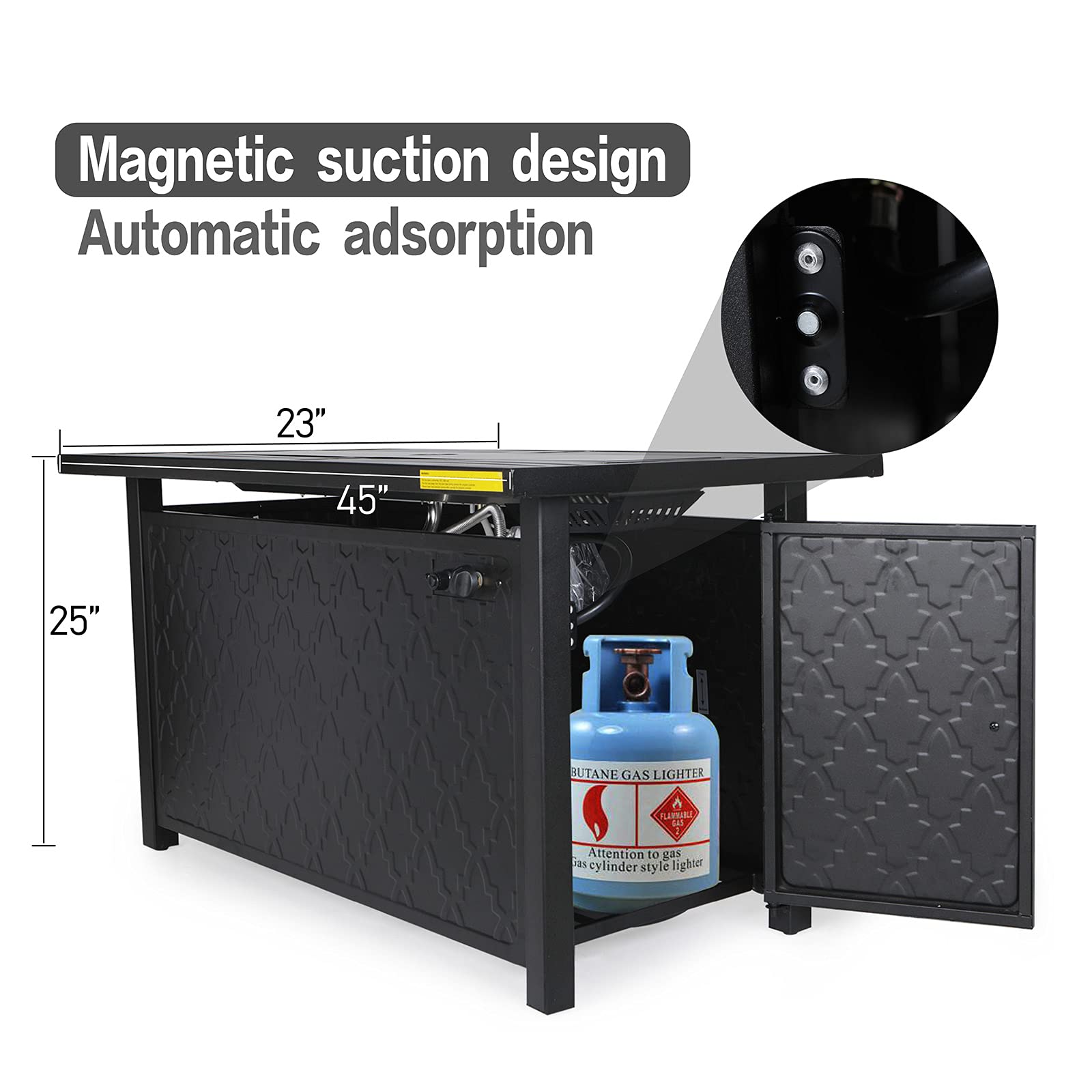 MFSTUDIO 45” Outdoor Rectangular Gas Fire Pit Table,50000 BTU Propane Iron Plate Embossing Fire Table with Lid and Blue Glass for Patio,Backyard and Balcony,Black