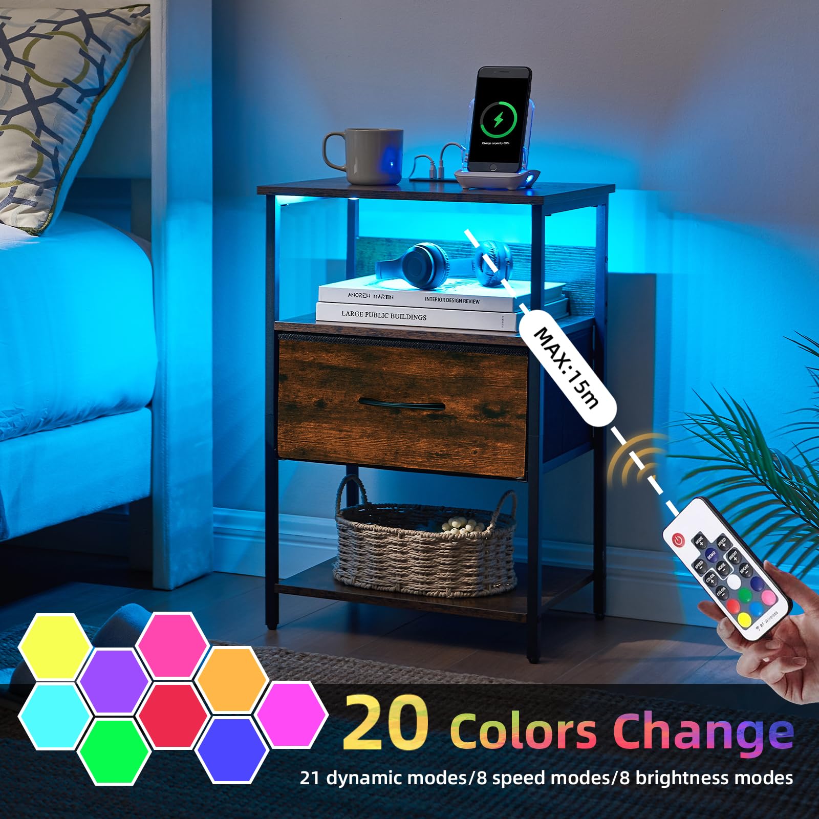 Somdot Nightstand with Charging Station and LED Light for Bedroom, Bedside Table End Table for Dorm Bedside Laundry Closet Entryway Hallway, Wood Grain Print