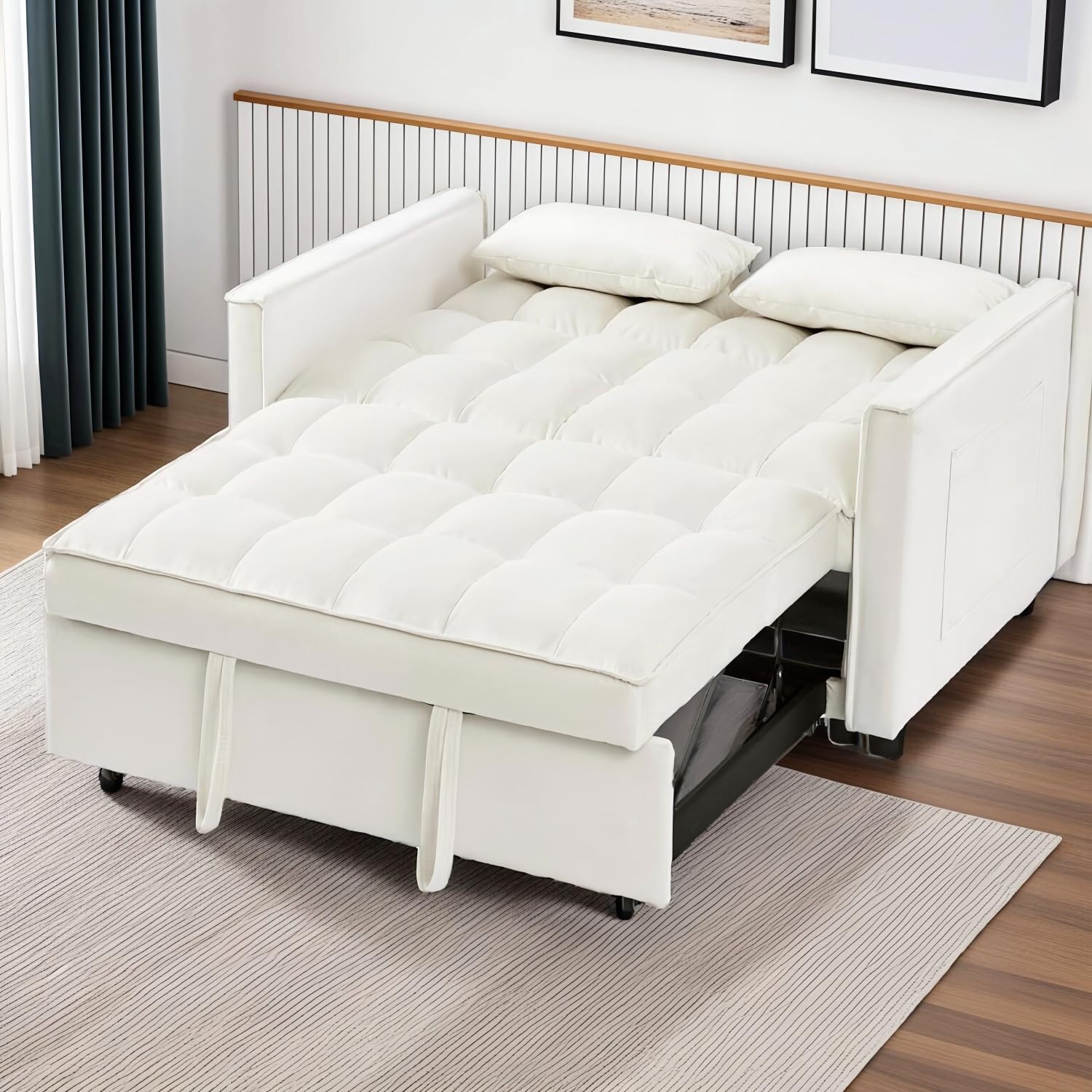 Velvet Sleeper Sofa Couch Bed,3 in 1 Small Modern Convertible Loveseat Futon Sofa with 3 Level Adjustable Backrest, Storage Pockets, Toss Pillows, Pull Out Loveseat Sleeper for Living Room (Beige)