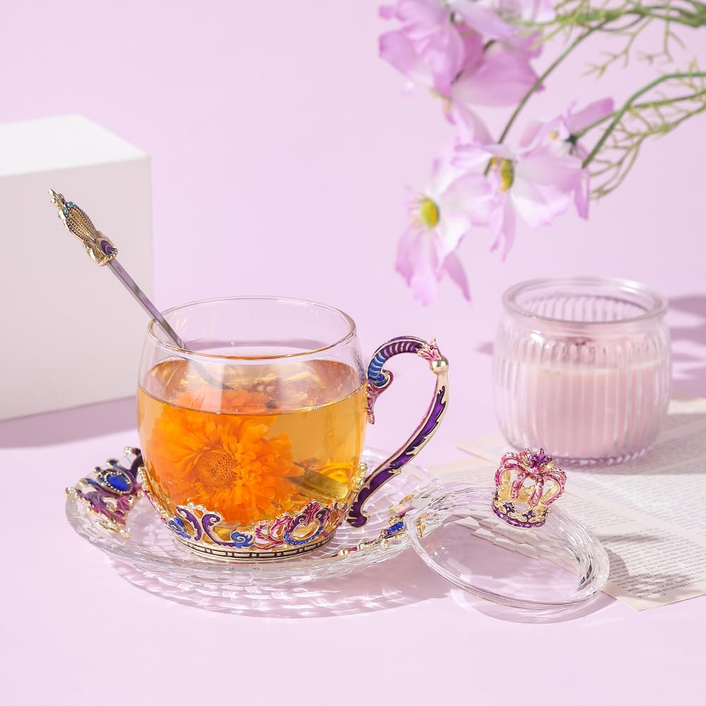 LANTREE Glass Tea Cup with Lid Crown Coffee Mug with Spoon Fancy Tea Cup Antique Gifts for Women Mother's Day Birthday Valentines Day Gift(11oz Crown)