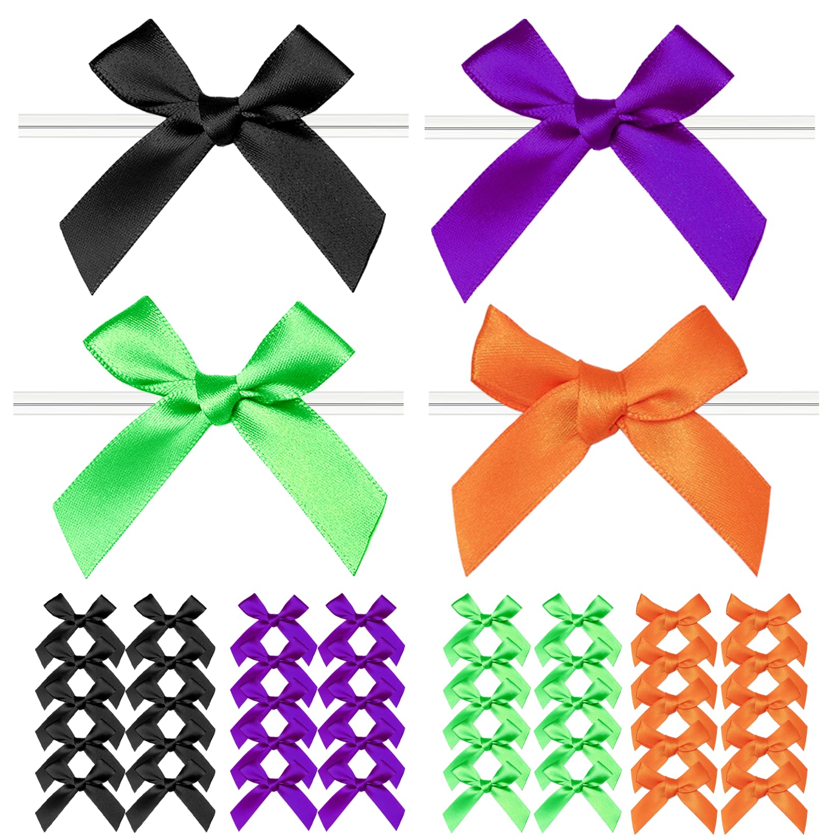 Twist Tie Bows Halloween, 100 Pcs Satin Bows for Halloween Treat Bags Candy Bags Bakery Tying Up Packages, Ribbon Bows Pre-Tied Bow for Gift Wrapping Packaging Party Decoration (4 Colors)
