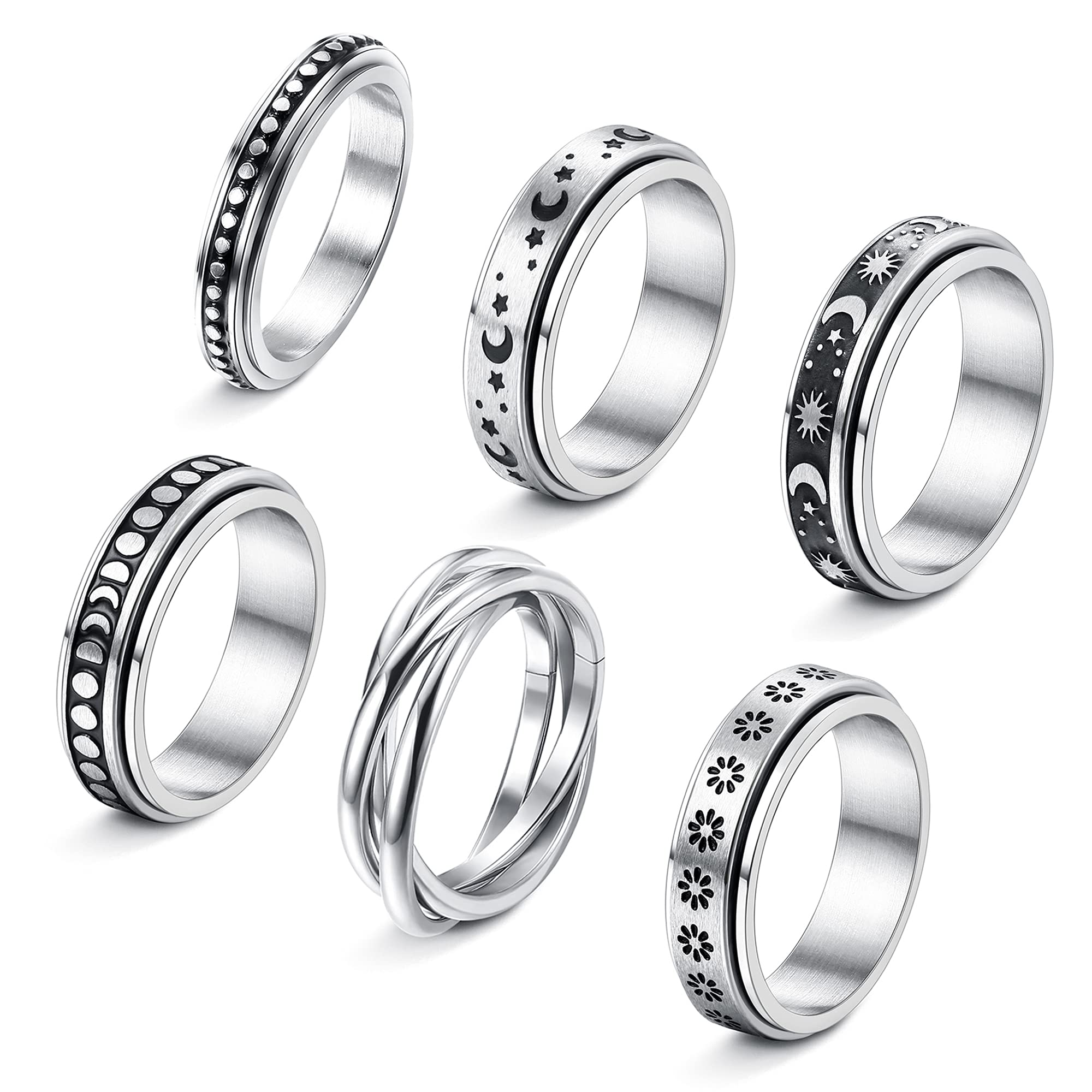 Jstyle 6Pcs Stainless Steel Spinner Ring for Women Men Triple Interlocked Rolling Flower Moon Star Fidget Band Rings for Stress Relieving Wedding Promise 5