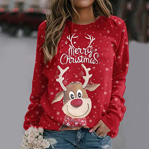 Sweatshirt For Women Trendy Crewneck Loose Shirts Long Sleeve Sweatshirts Drop Shoulder Pullover Clothes Outfits Red