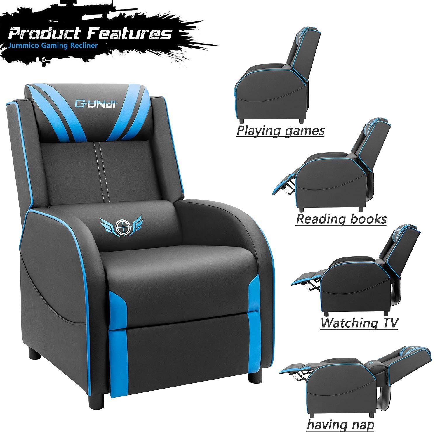 JUMMICO Gaming Recliner Chair PU Leather Single Recliner Sofa Adjustable Modern Living Room Recliners Home Theater Recliner Seat (Blue)