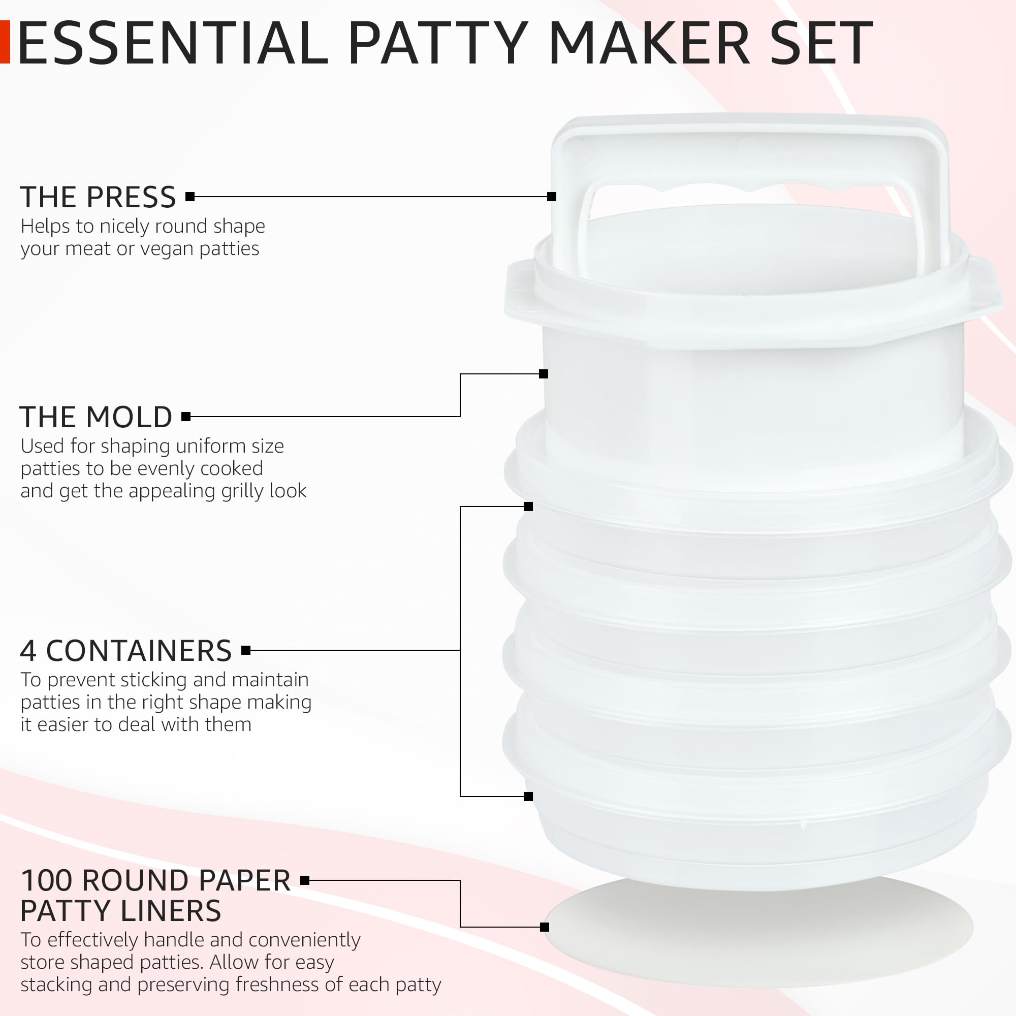 Miles Kimball Hamburger Press Patty Maker - 4 in1 Burger Mold Patty Press, 4 Storage Containers, 100 Patty Papers - Essential Hamburger Patty Maker Tool for BBQ - Burger Shaper for Meat Veggie Patties