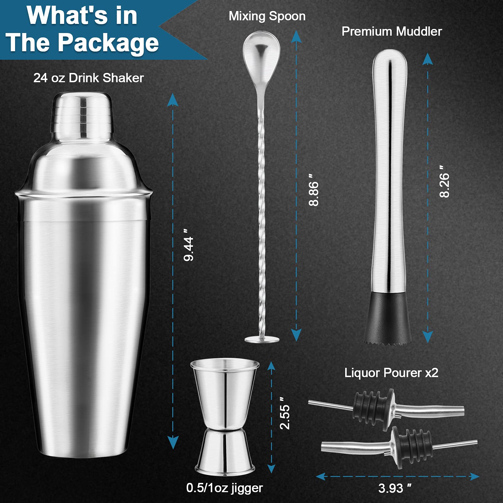 Martini Shaker 24 oz Cocktail Shaker Drink Bar Set by Hovikoki, Stainless Steel Professional Bartender Kit with Built-in Strainer Mixing Spoon&Jigger 2 Liquor Pourers Muddler and Manual Recipe