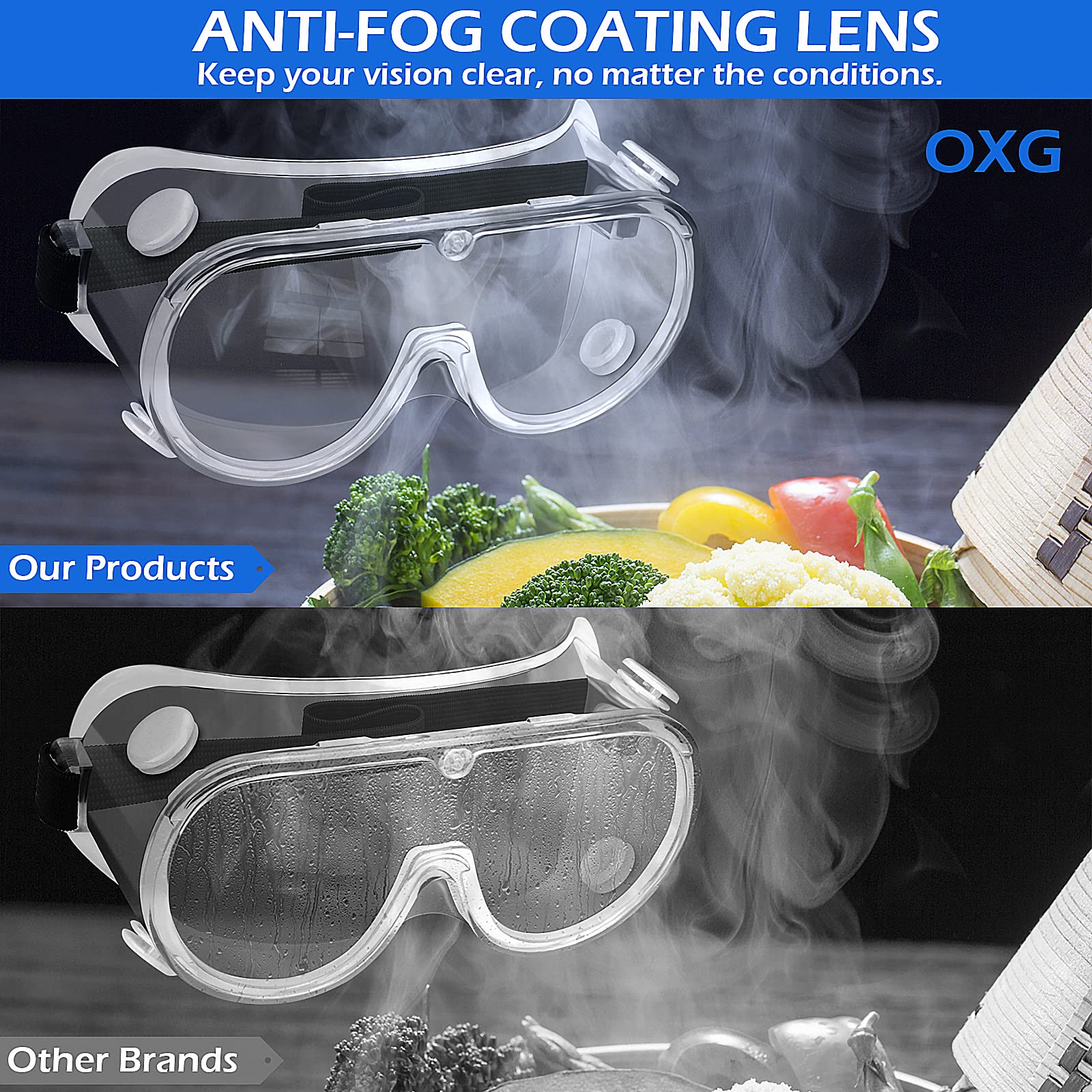 OXG 6 Pack Anti-Fog Safety Glasses Over Eyeglasses,Protective Safety Goggles ANSI Z87.1 Lab Goggles Men Women