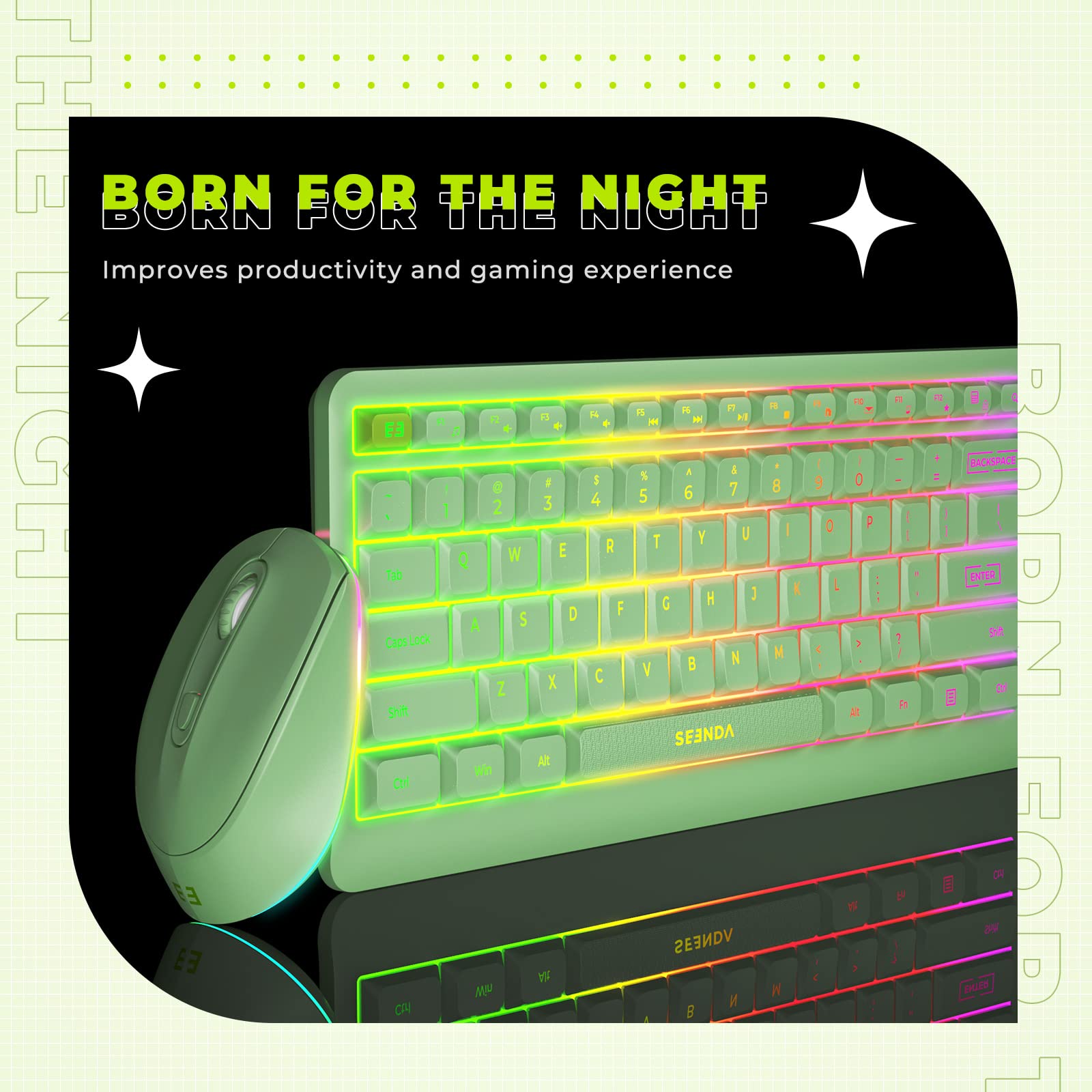 seenda Wireless Keyboard and Mouse Combo Backlit, Rechargeable Full-Size Illuminated Cordless Keyboard and Mouse Set, 2.4G USB Keyboard and Mouse for Computer/Laptops/Windows/Gaming, Mint Green