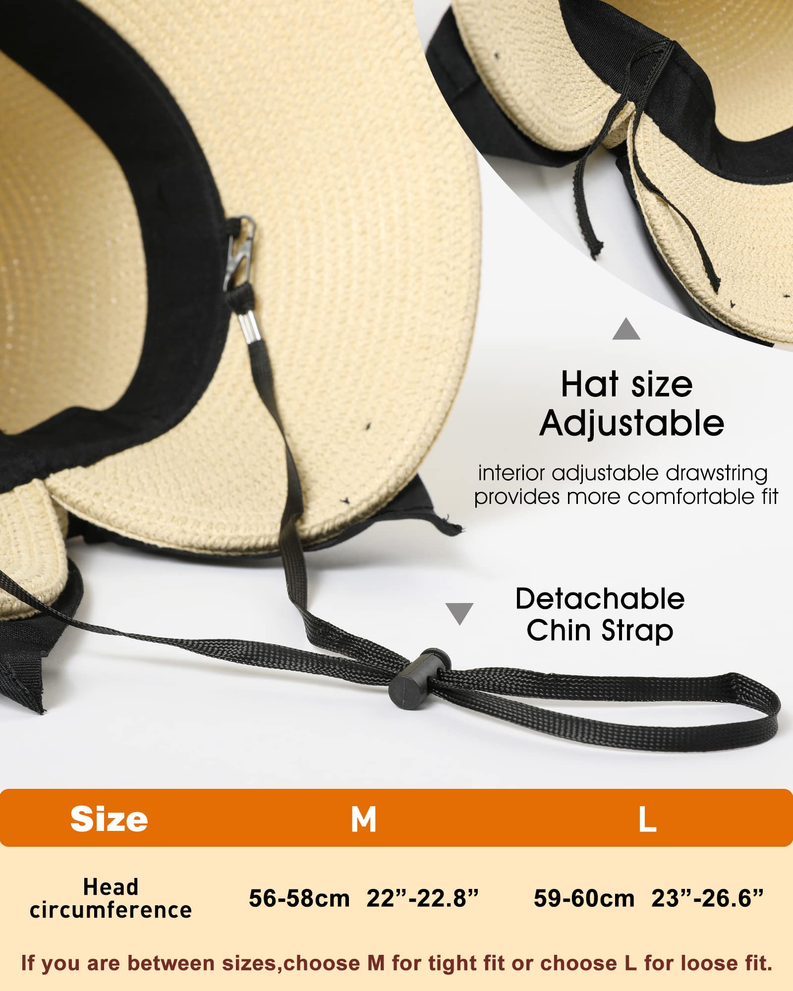 Jeff & Aimy Womens Packable Floppy Straw Beach Sun Hat Floppy with UV Protection Wide Brim Neck Cord Foldable Panama Fedora Travel Sunhat UPF 50 Large 57.5-59CM