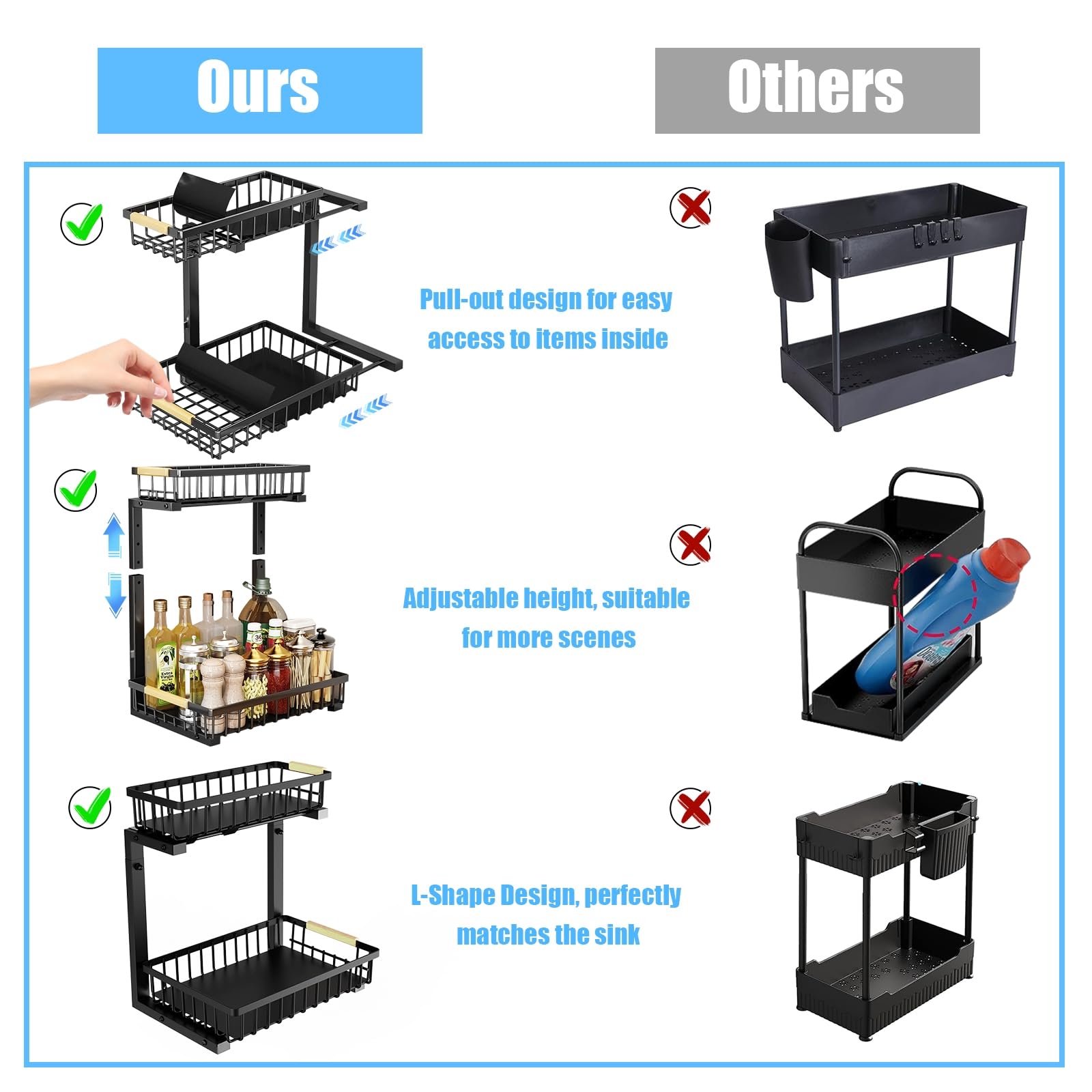 LUWUIDEN Under Sink Organizer and Storage: Adjustable Height 2-Tier Under Sink Bathroom Organizers Multi-Purpose Bathroom Cabinet Pull Out Drawers for Kitchen Cabinets with Hooks