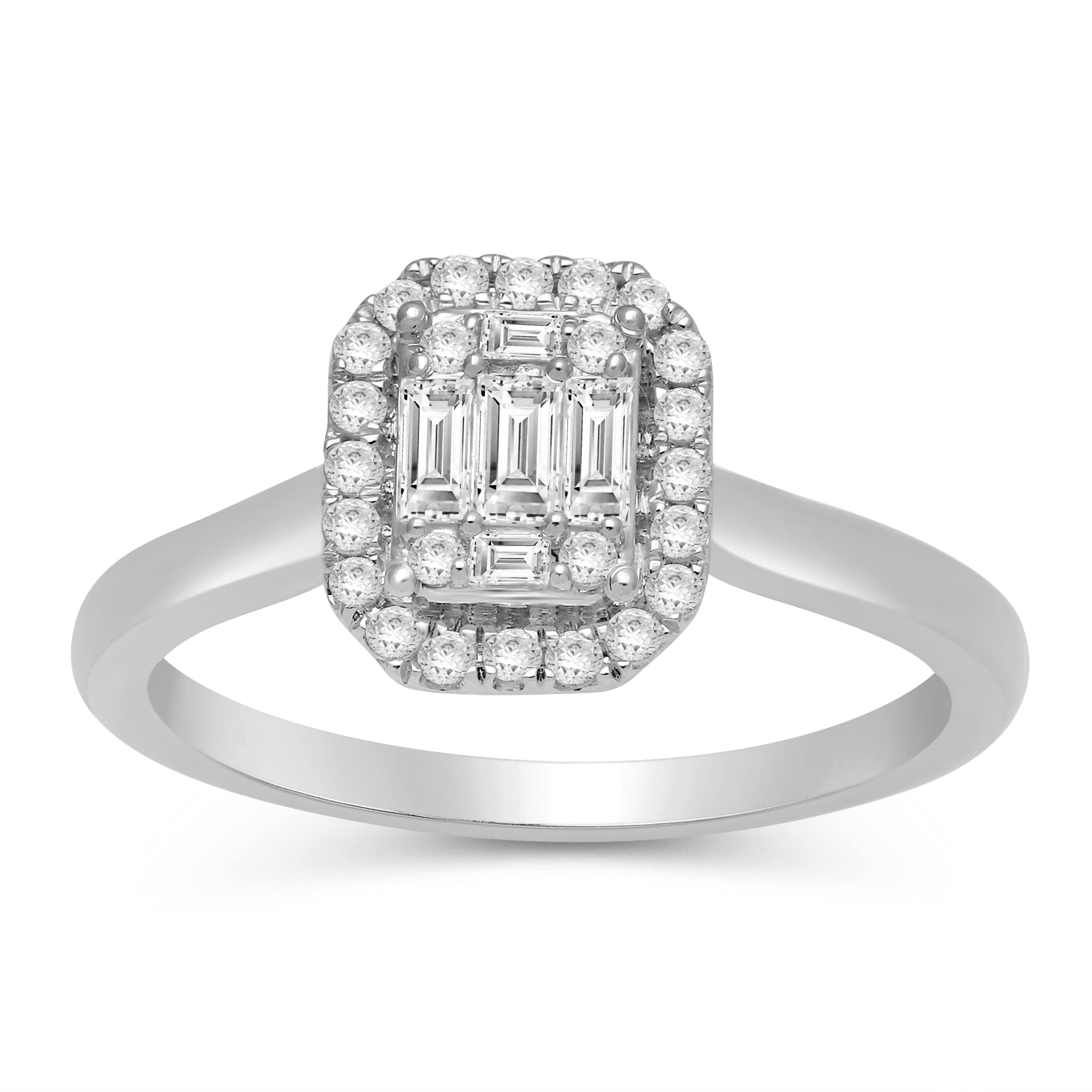 Jewelili 10K White Gold 1/3 Cttw Natural White Baguette and Round Diamonds Bridal Ring, Size 7