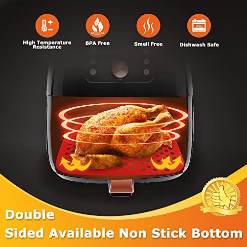 Reusable Air Fryer Silicone Liners Set, 8.5in Non Stick Perforated 5.8qt Air Fryer Accessories with Magnetic Cheat Sheet Deep Fryer Parts Replace Parchment Paper Easy Clean, 3 Pcs Square