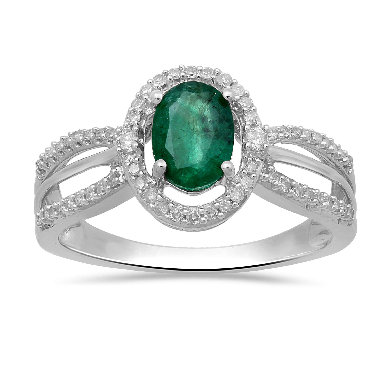 Jewelili 10K White Gold 7x5MM Oval Shape Emerald and 1/5 Cttw Natural White Round Diamond Ring, Size 7