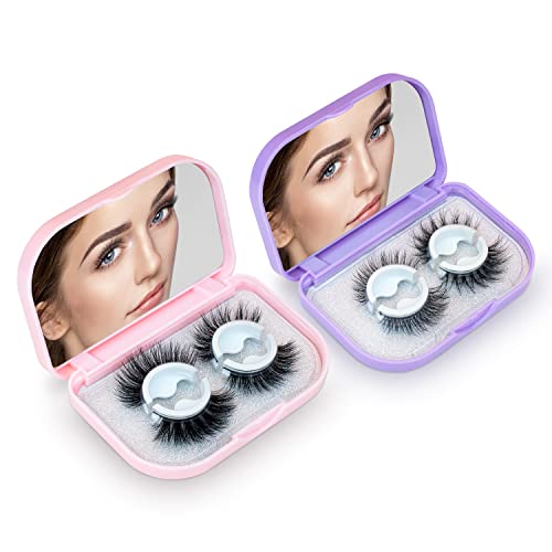 Reusable Self Adhesive Eyelashes,14-20MM 2styles Mink Wispy Cat Eye Lashes Fluffy Curly Natural Look, Russian Strip False Lashes No Glue, Safe Waterproof Fake Lashes Easy to Put On