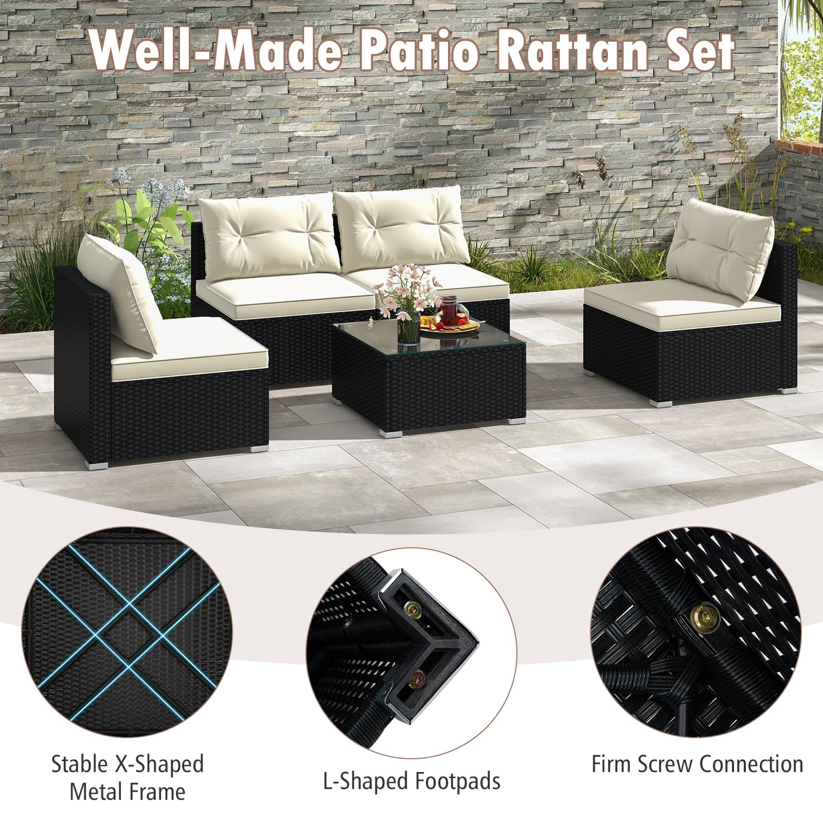 Tangkula 5 Piece Rattan Sofa Set, Patiojoy Outdoor Wicker Furniture Set with Seat & Back Cushions, Square Coffee Table, Patio Sectional Sofa Set for Backyard, Poolside, Garden