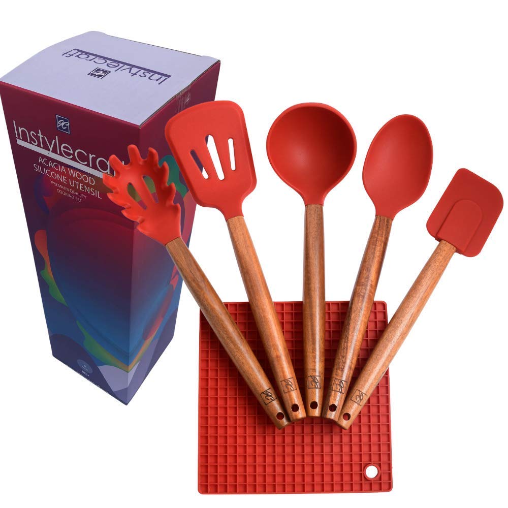 Instylecraft Silicone Kitchen Utensils Set Red Wood Cooking set, Kitchen Utensils Tools, Wooden Handle Spoons, Multi-functional TRIVET MAT BPA Free, Non Toxic, FOOD-GRADE SILICONE