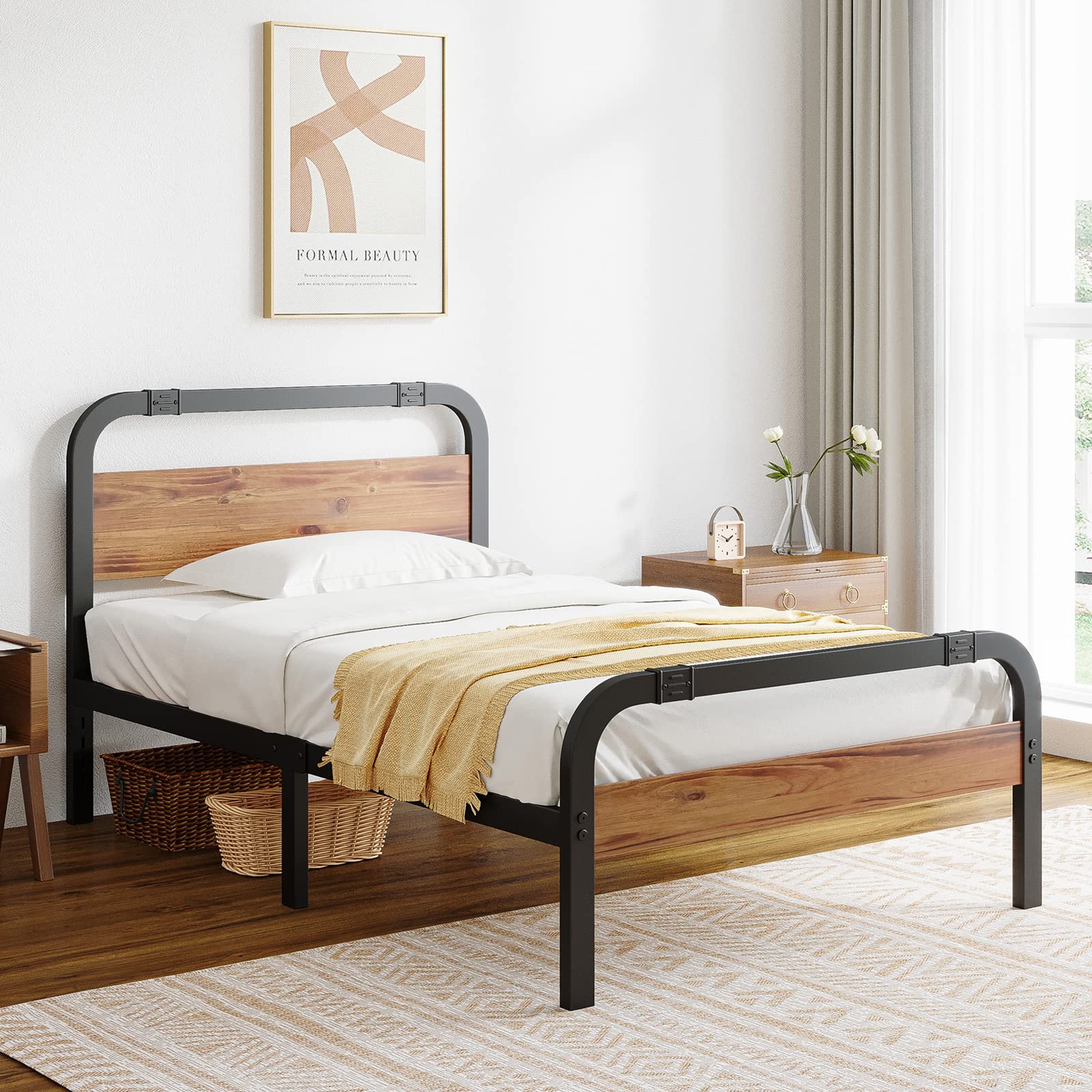 ZIYOO Industrial Style Twin Size Metal Bed Frame with Solid Wood Headboard and Footboard, 14 Inch High Heay Duty Steel Slats Support No Box Spring Needed,Easy Assembly Structure