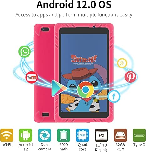 SGIN Tablet for Kids, 8 inch Kids Tablet Android 12 2GB+32GB Toddler Tablet with Parental Control IPS Eye Protection Screen Dual Cameras, WiFi, Games, Bluetooth, Learning Tablet(Pink)