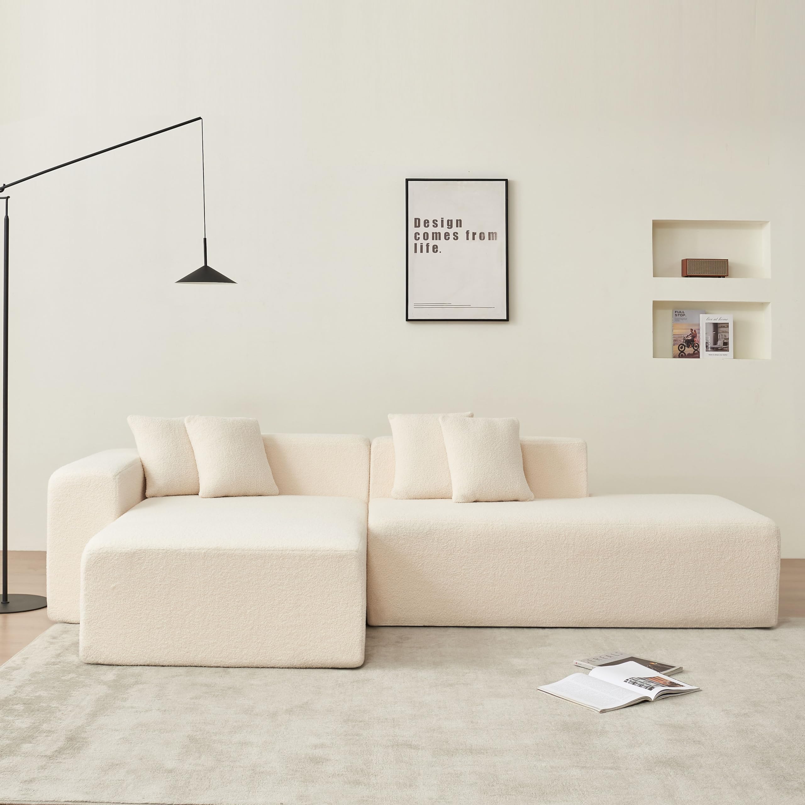 Tosaronia 105.5 X 60.2 Sectional Sofa L Shaped Couch with Sherpa Fabric,3 Seat Corner Sofa Couch,Modern Upholstered Couch with 4 Pillow Right Chaise Lounge for Living Room Apartment Office(Beige)