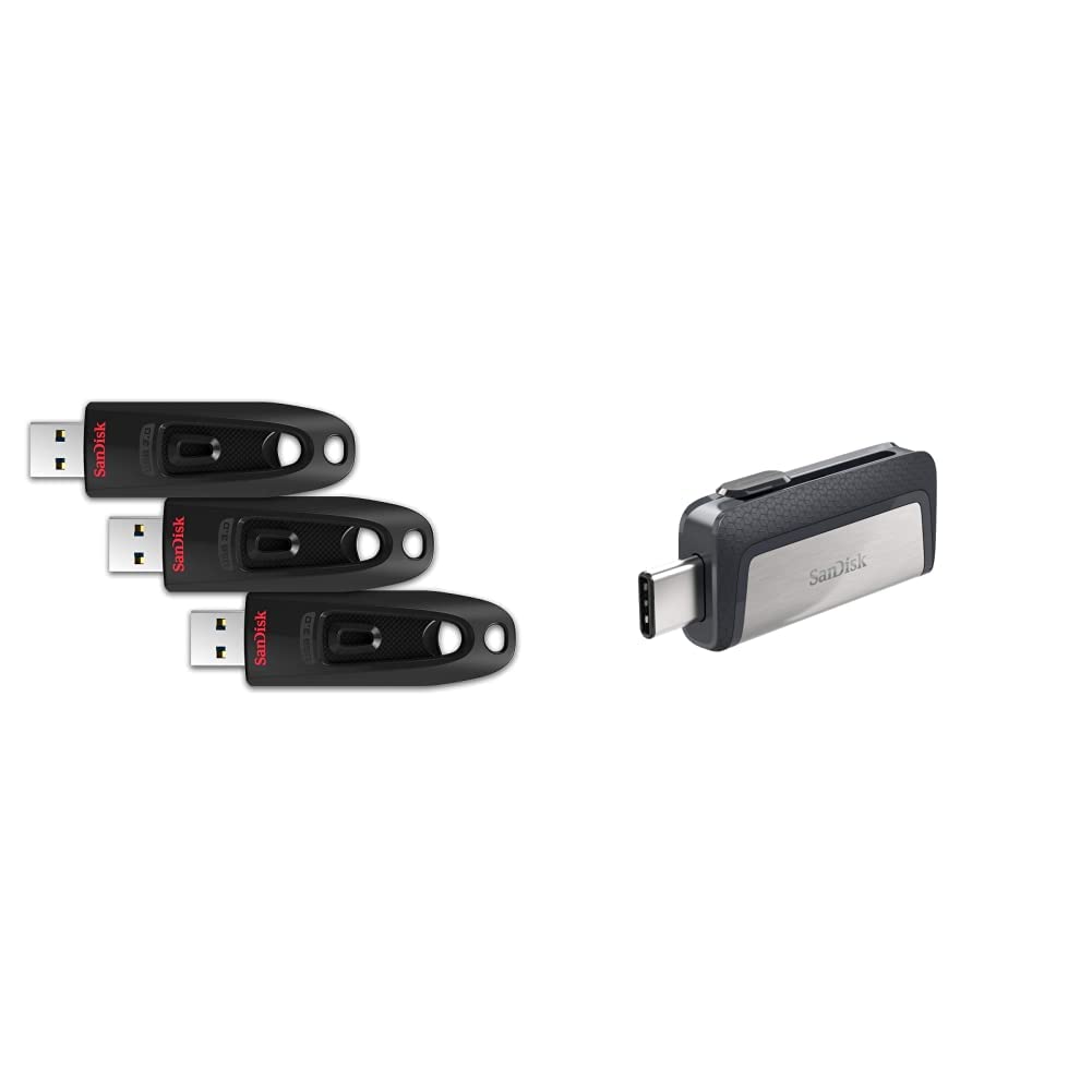 SanDisk 32GB 3-Pack Ultra USB 3.0 Flash Drive 32GB (Pack of 3) - SDCZ48-032G-GAM46T, Black and SanDisk 128GB Ultra Dual Drive USB Type-C - USB-C, USB 3.1 - SDDDC2-128G-G46, Gray