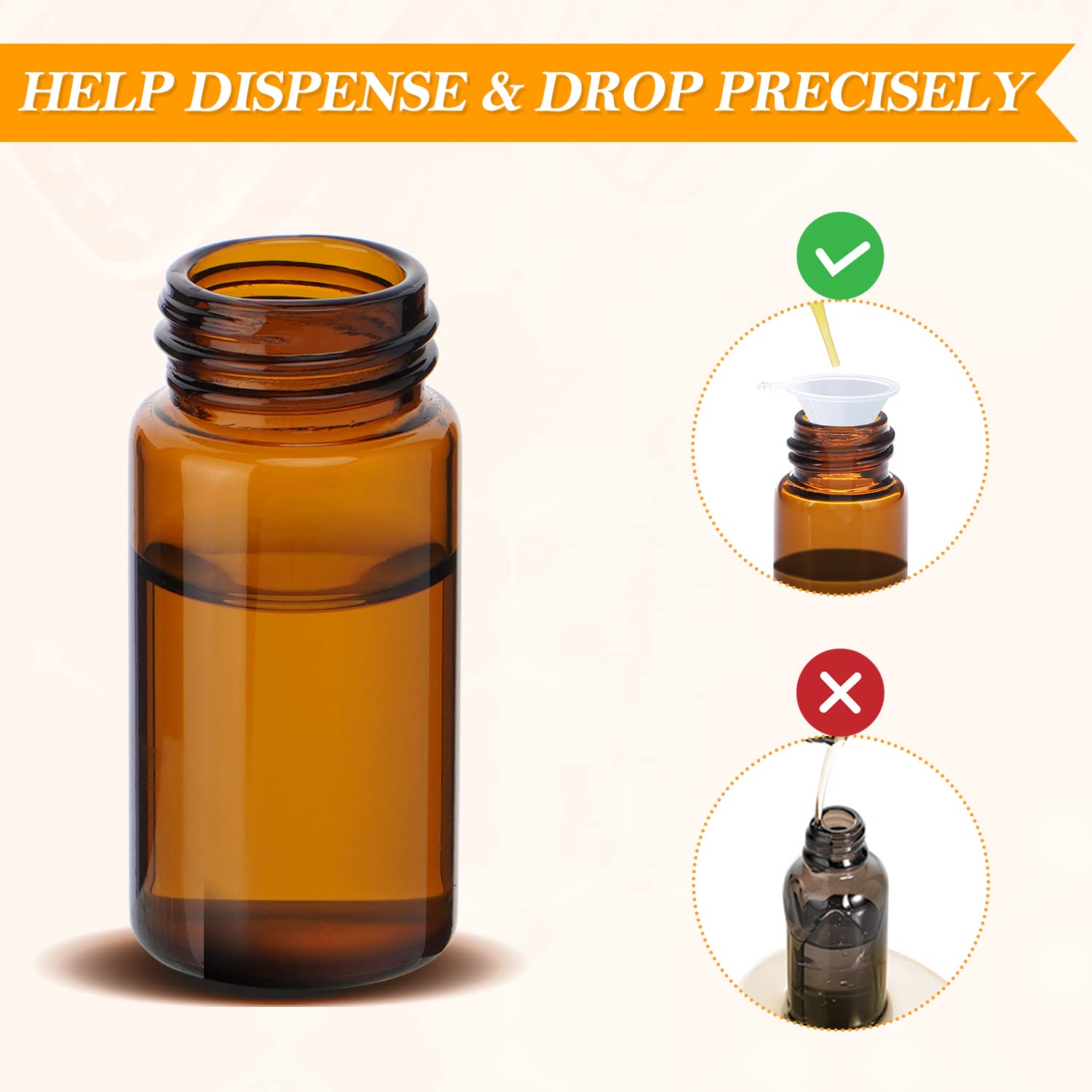 PRECIPETTE 5ml Sample Vials, Pack of 100 Amber Glass Sample Bottles with Screw Cap, Funnel, Dropper, Lab Sample Vials for Laboratory, Taking Water Samples, Seeds, Essential Oil