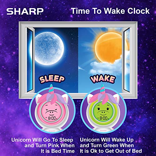Sharp Ready to Wake Unicorn Sleep Trainer, Kid’s Alarm Clock for Ready to Rise, Ceiling Projection Nightlight and “Off-to-Bed” Feature – Simple to Set and Use! Pink, White