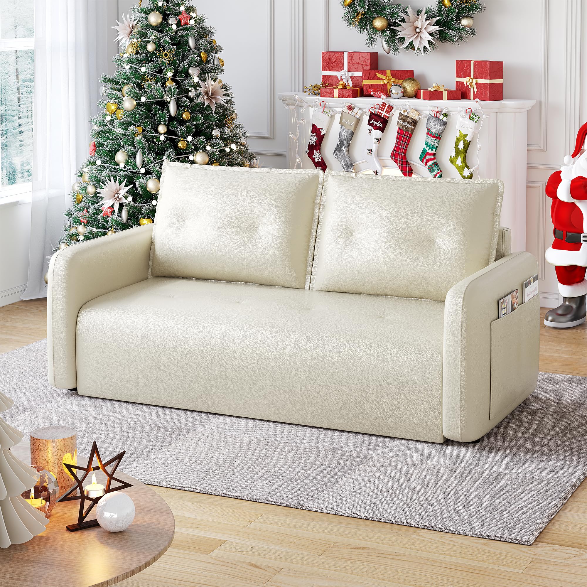 Sofa Bed Couch,3 in 1 sleeper sofa couch with pullout bed,Convertible sofa bed with 2 USB and 1 Type-C Charging Port,4 storage Pockets and 2 soft Pillows,Adjsutable Loveseat for Living Room,White